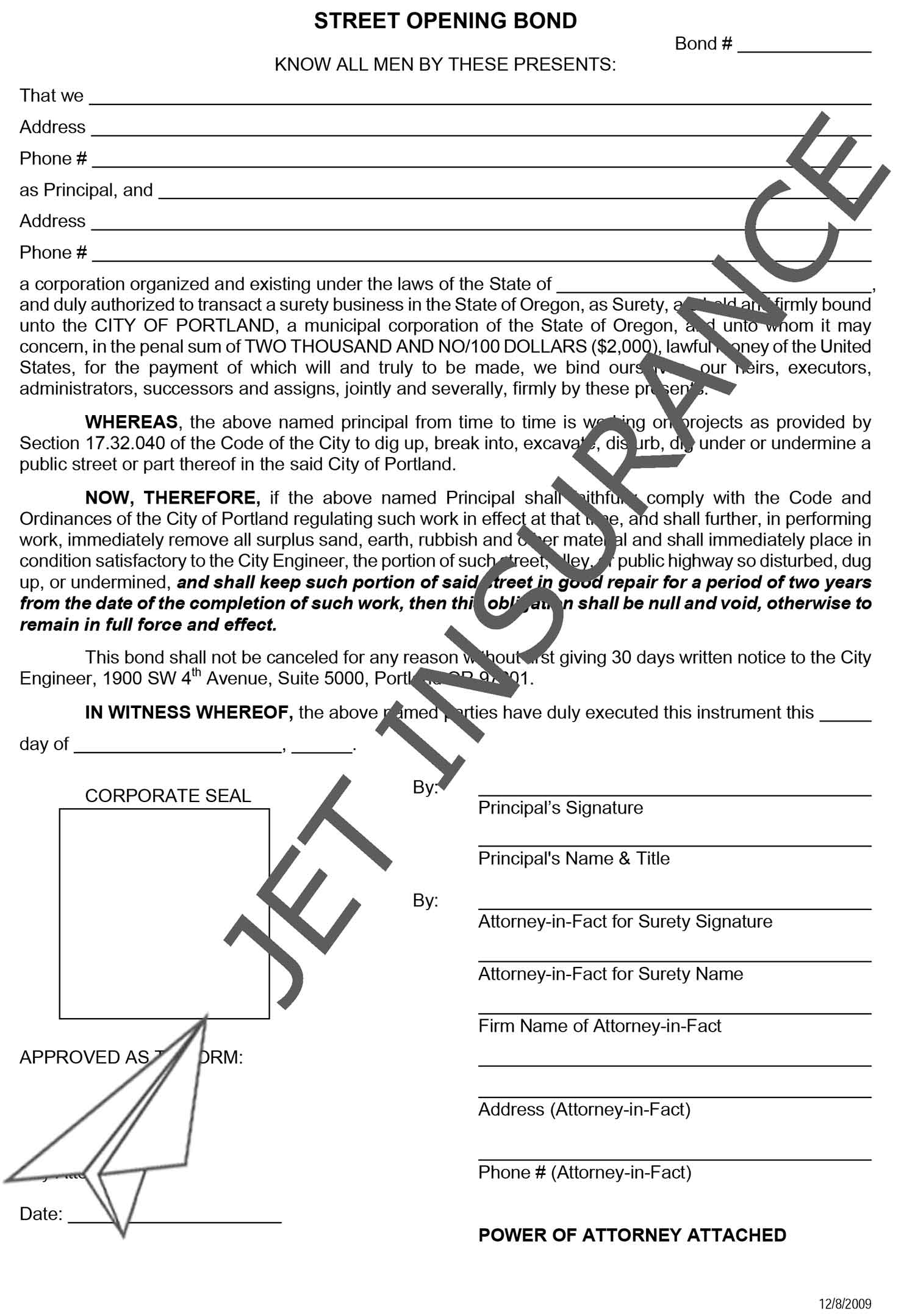 Portland Street Opening Permit Bond